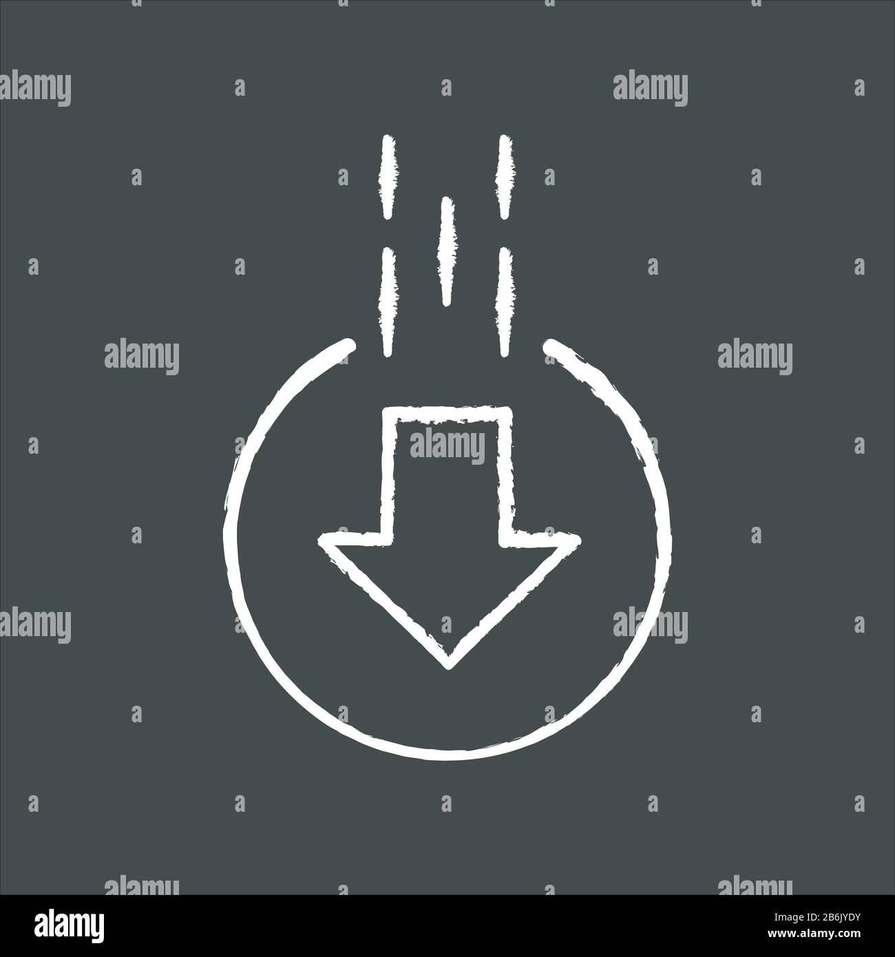 Down arrow in circle chalk white icon on black background. Moving ...