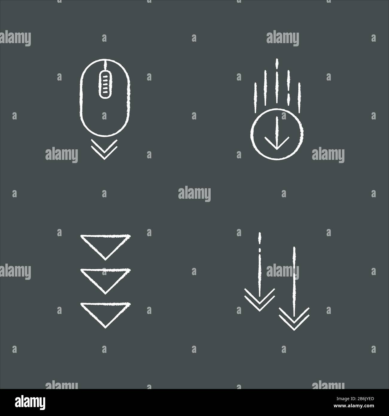Scrolling down chalk white icons set on black background. Moving arrows. Web page browsing ...