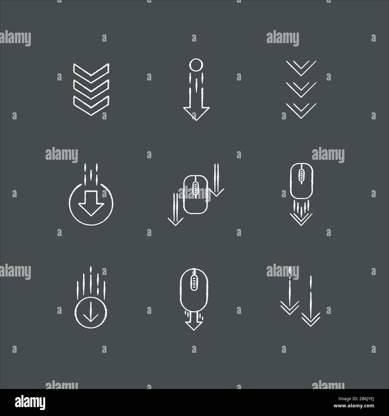 Scrolling down arrows chalk white icons set on black background. Computer mouse and arrowheads ...