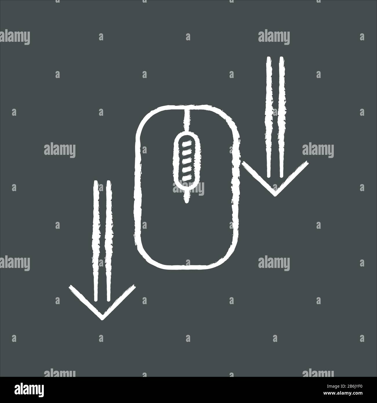 Scroll down mouse chalk white icon on black background. Internet page browsing arrows ...