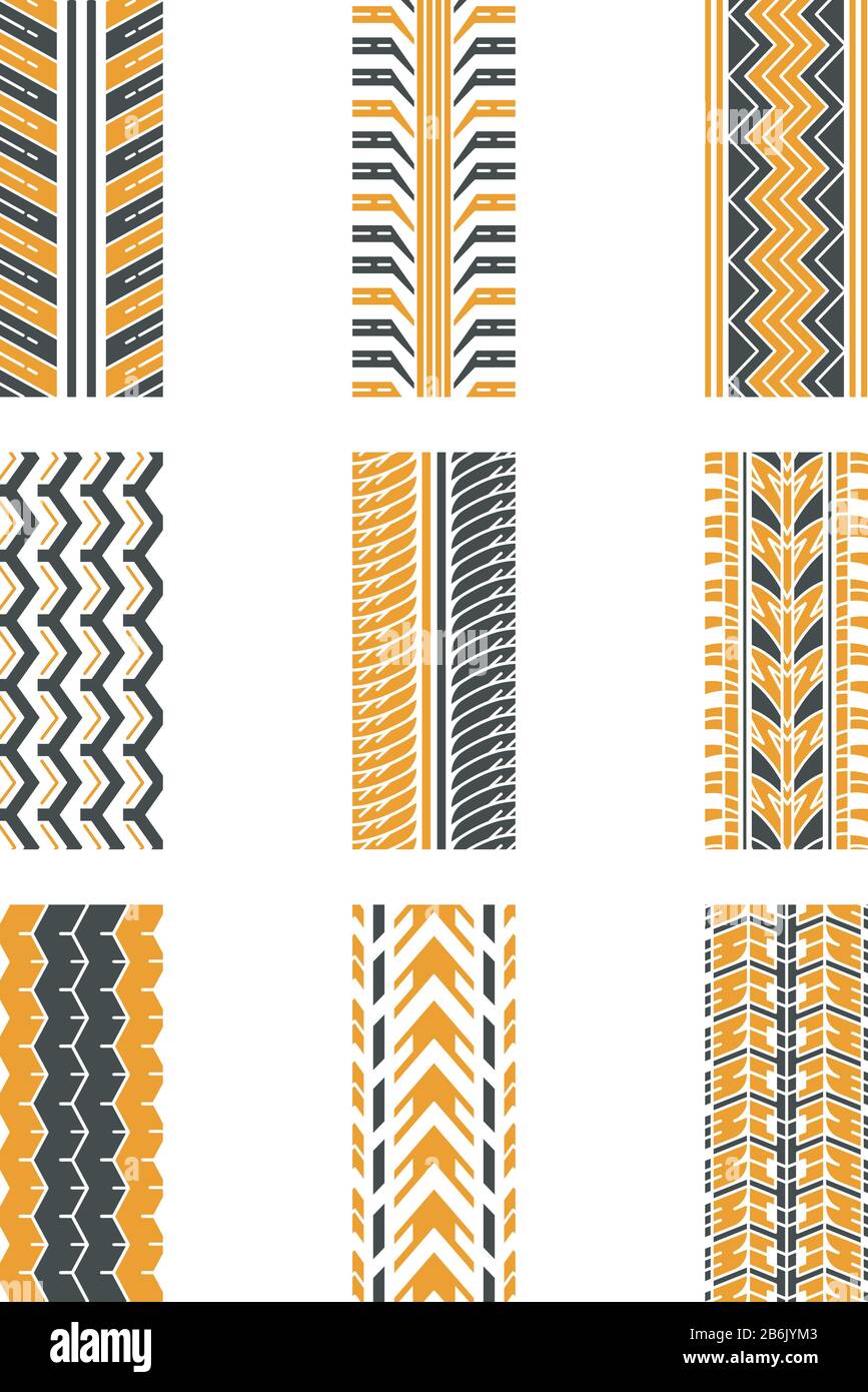 Track traces black and yellow RGB color icons set. Detailed automobile ...