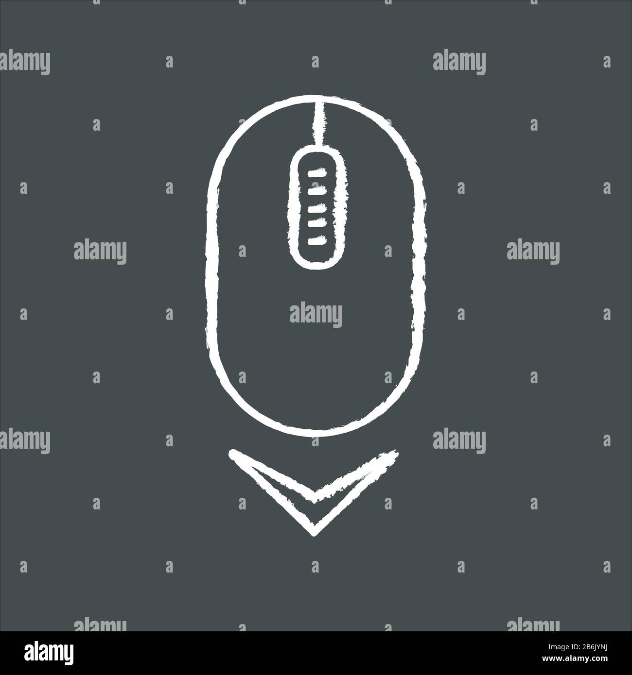 Scrolling mouse chalk white icon on black background. Down arrowhead indicator. Internet page ...