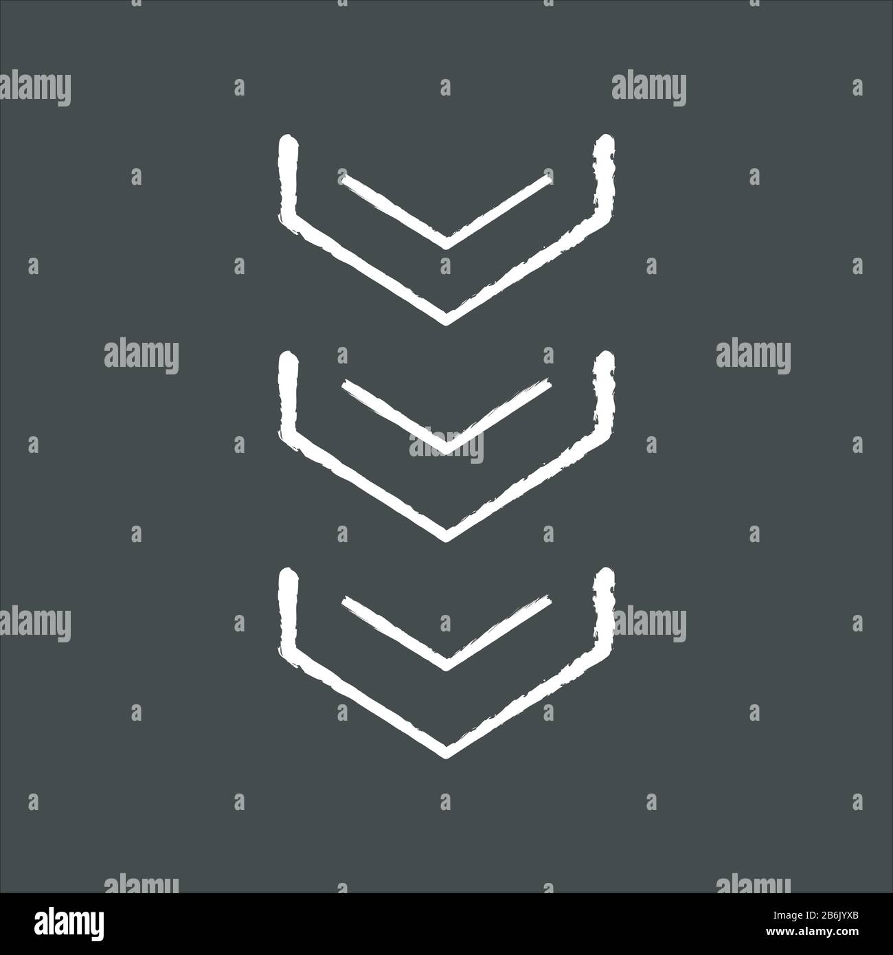 Scrolling down arrows button chalk white icon on black background. Three downward arrowheads ...