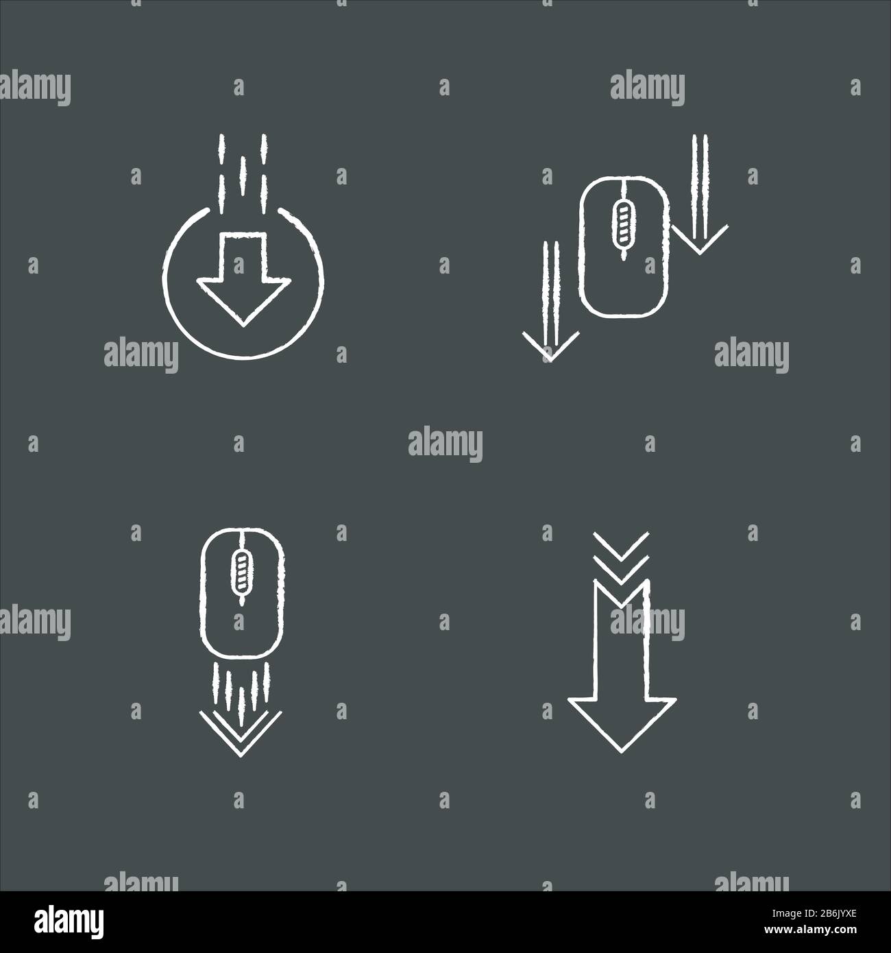 Computer mouse and arrowheads chalk white icons set on black background. Scrolling down and ...