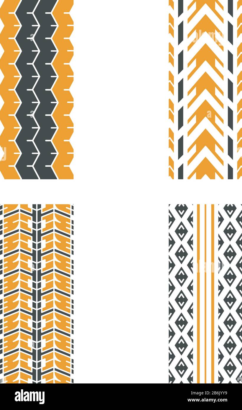 Track prints black and yellow RGB color icons set. Detailed automobile ...