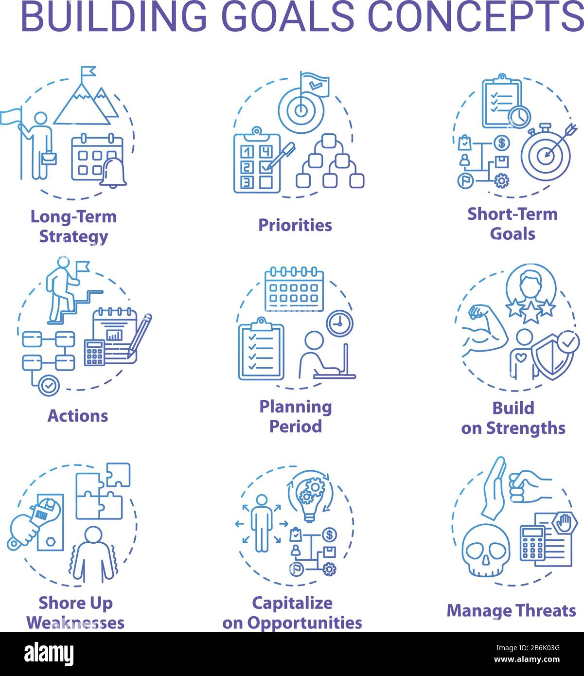 Building goals concept icons set. Setting target to achieve. SWOT ...