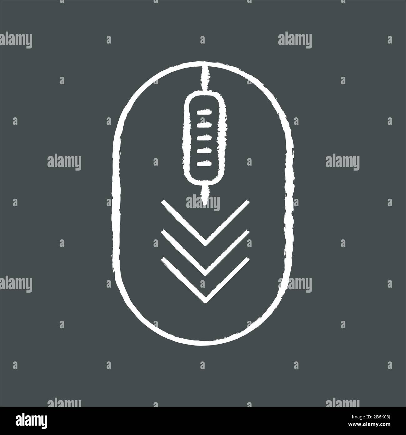 Computer mouse with down arrows chalk white icon on black background. Scrolldown gesture ...