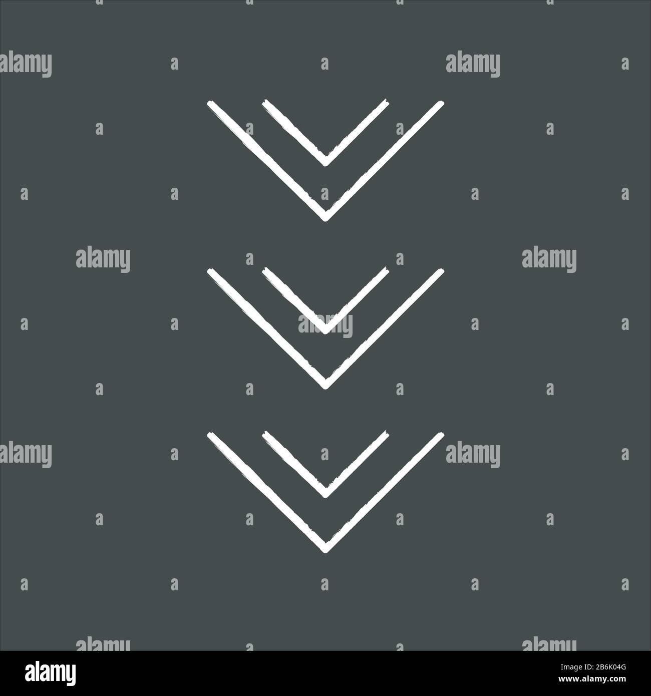 Scrolling down button chalk white icon on black background. Three downward arrows for mobile app ...