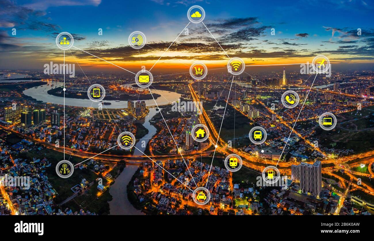 smart city and wireless communication network, abstract image visual ...