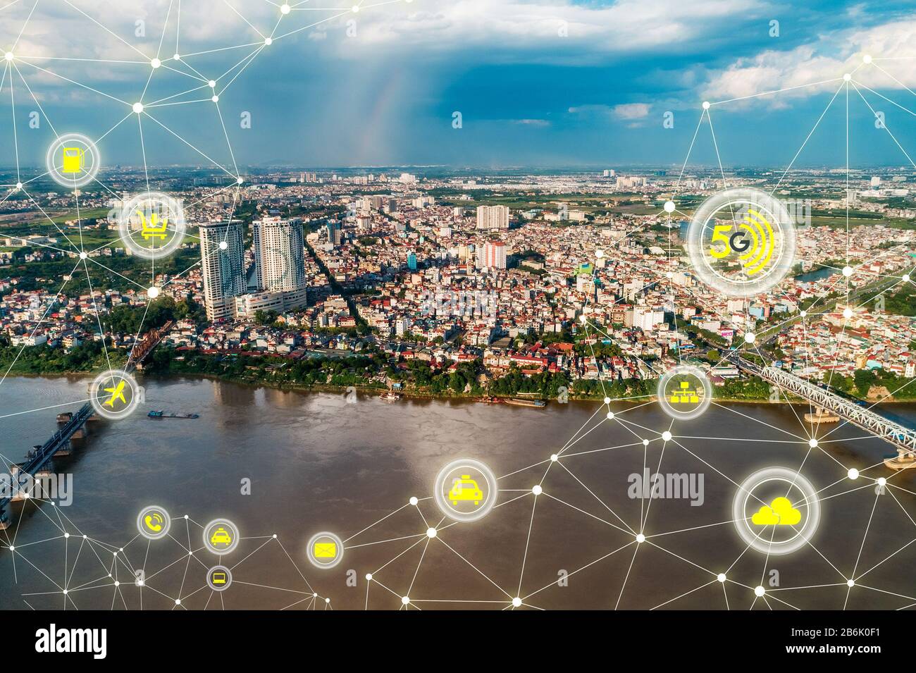 smart city and wireless communication network, abstract image visual ...
