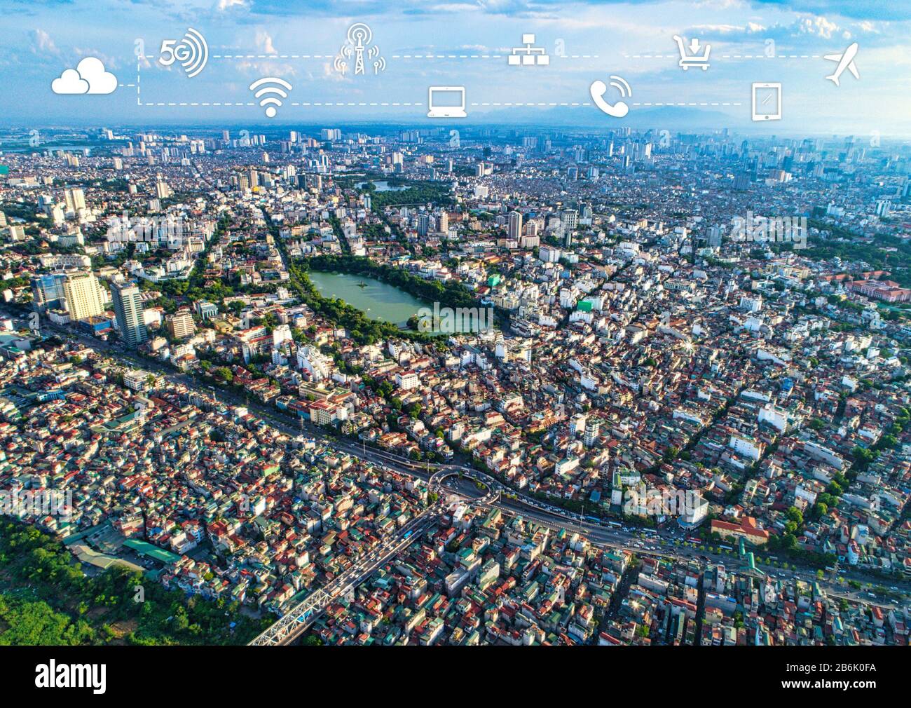smart city and wireless communication network, abstract image visual ...