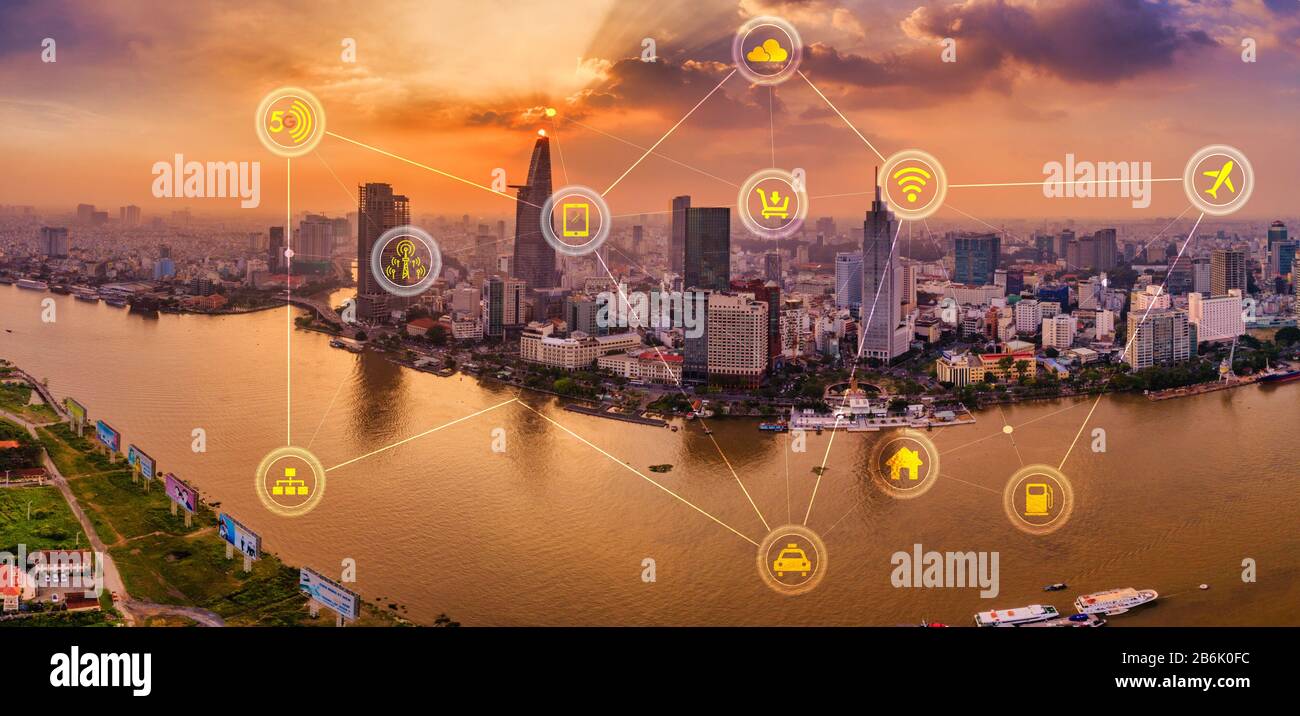 smart city and wireless communication network, abstract image visual ...
