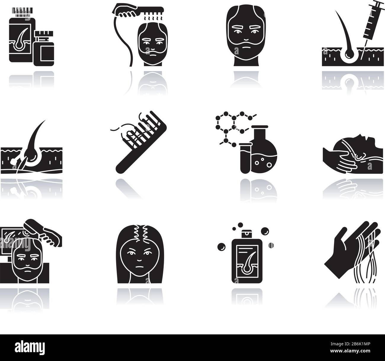 Hair loss drop shadow black glyph icons set. Hair roots. Alopecia ...