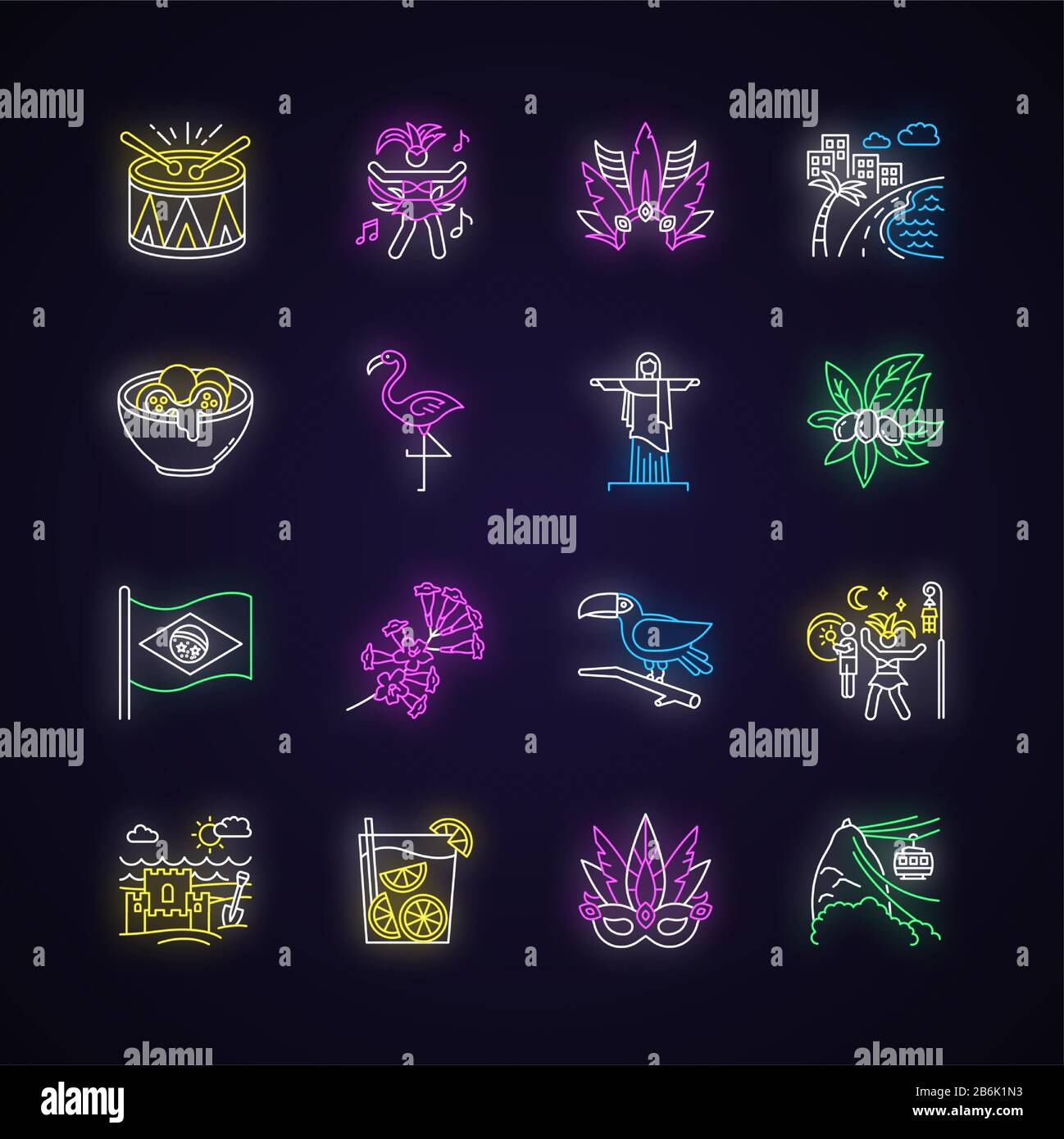 Brazilian carnival neon light icons set. Street party. South America ...