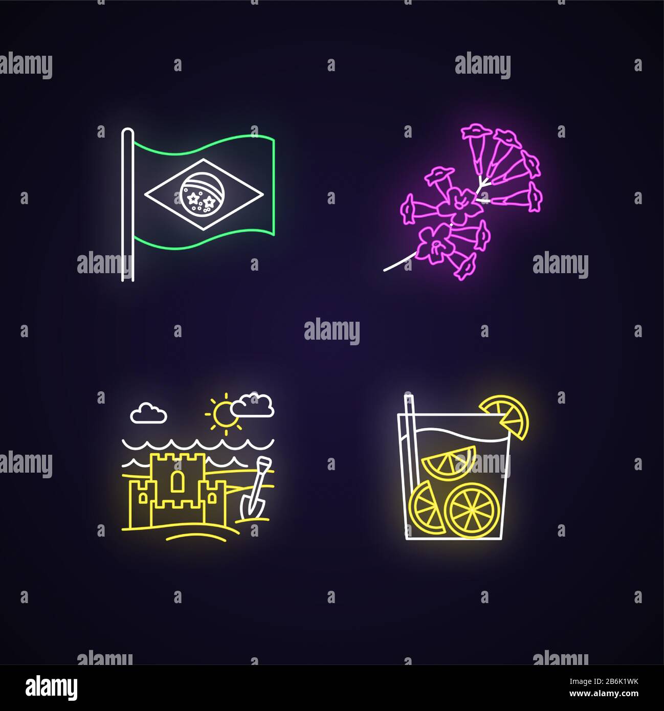 Brazil neon light icons set. National flag. Plumeria. Caipirinha. Sand ...