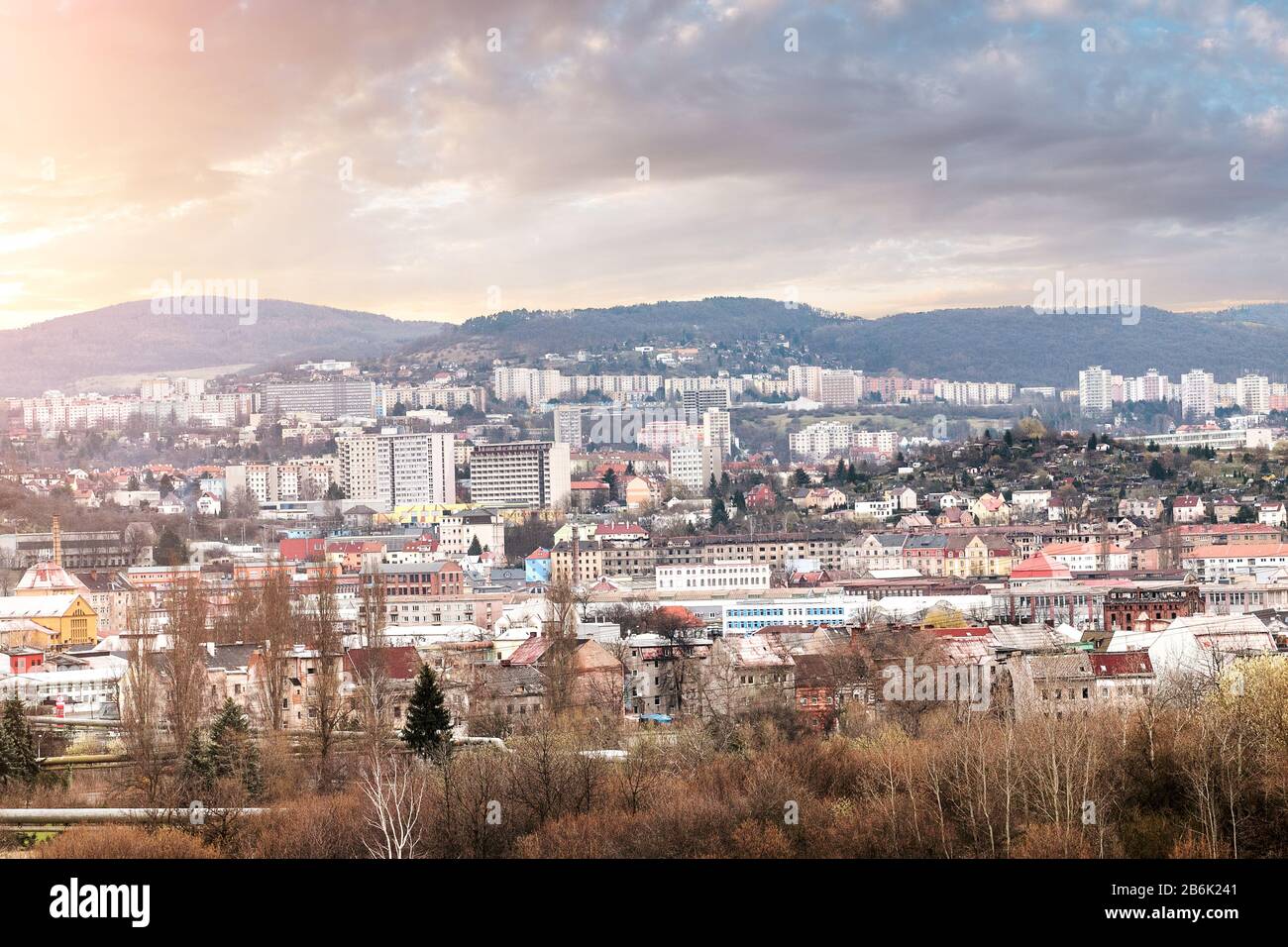 Aerial far zoom view of the small european town on the hills Stock ...