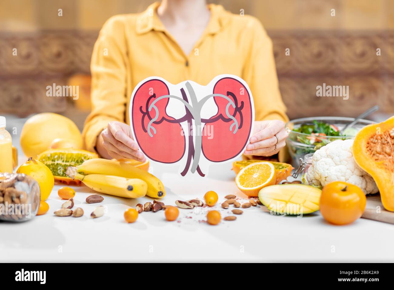 Holding human kidneys model with variety of healthy fresh food on the ...