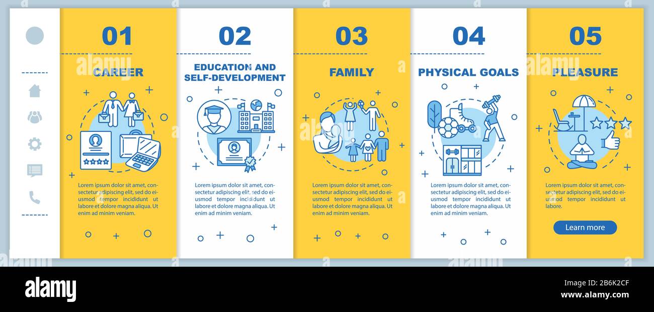 Self-development onboarding vector template. Physical goals. Academic education. Family planning ...