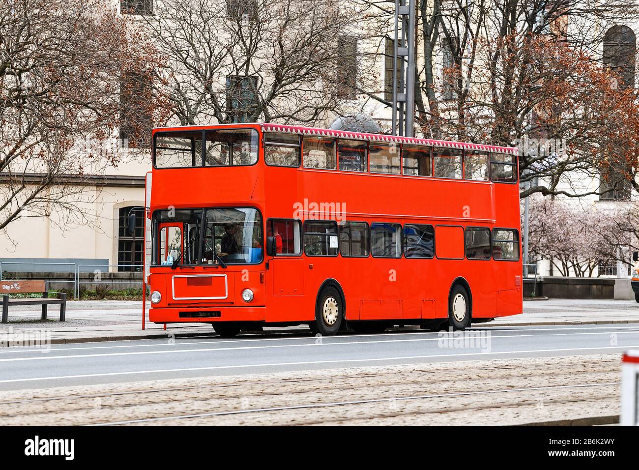 red double decker tourist bus on the europe street Stock Photo - Alamy