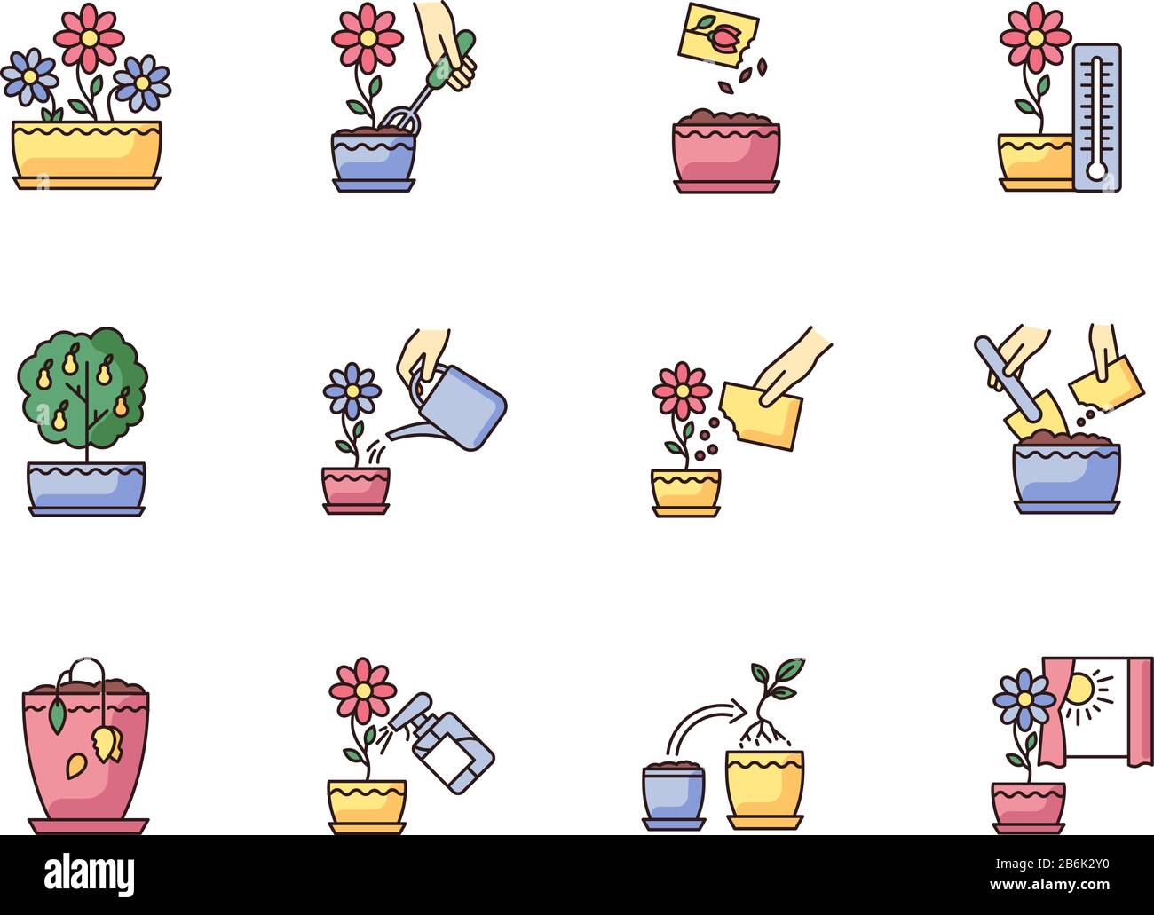 Houseplant care RGB color icons set. Indoor gardening steps. Domestic ...