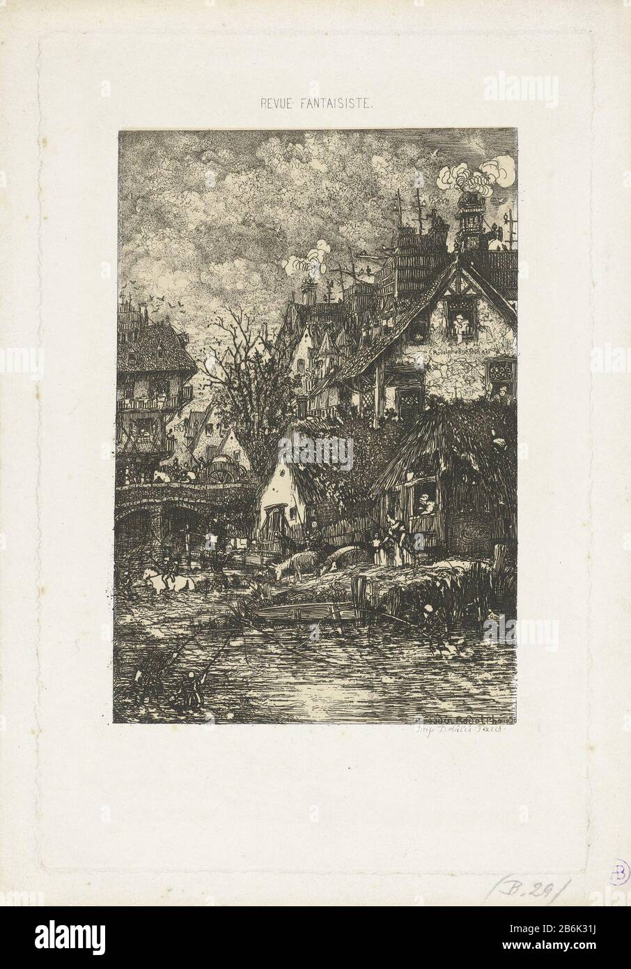 Village scene with a river. On the right bank are houses in a row along ...