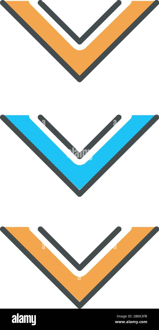 Scrolling down button blue and orange RGB color icon. Three downward ...