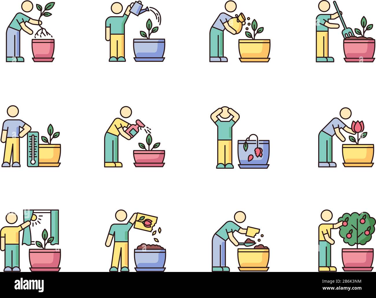 Houseplant care RGB color icons set. Indoor gardening steps. Domestic ...