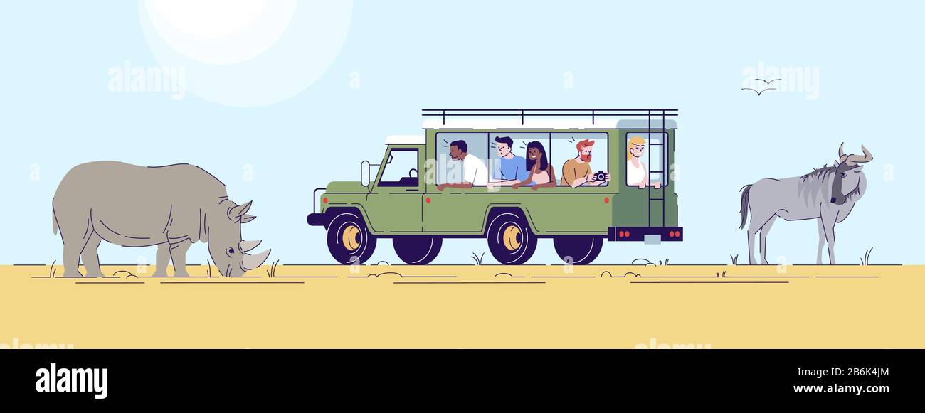 Safari expedition flat doodle illustration. People observing wild ...