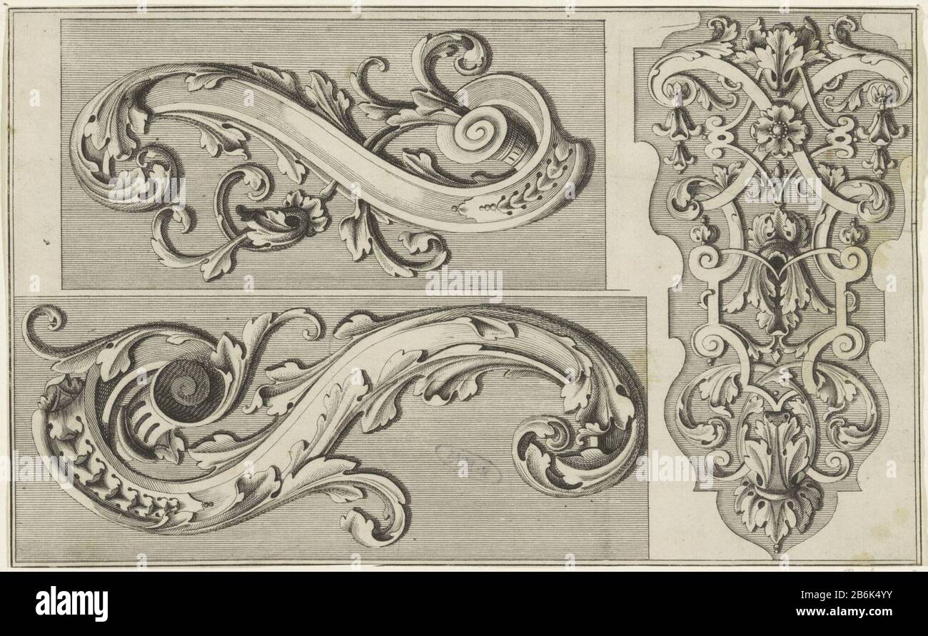 Two arabesques with acanthus leaves and arabesque with leaves, flowers ...