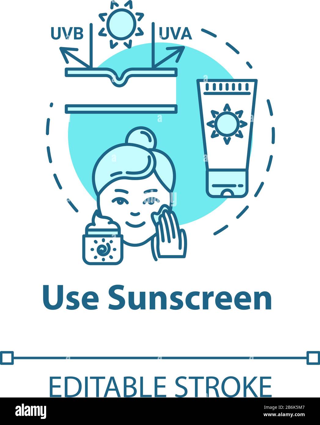 Use sunscreen, SPF cream, sunblock cosmetics concept icon. Skin care ...