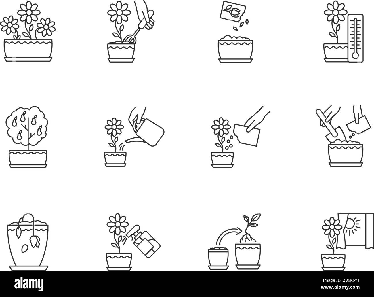 Houseplant care pixel perfect linear icons set. Repotting, spraying ...