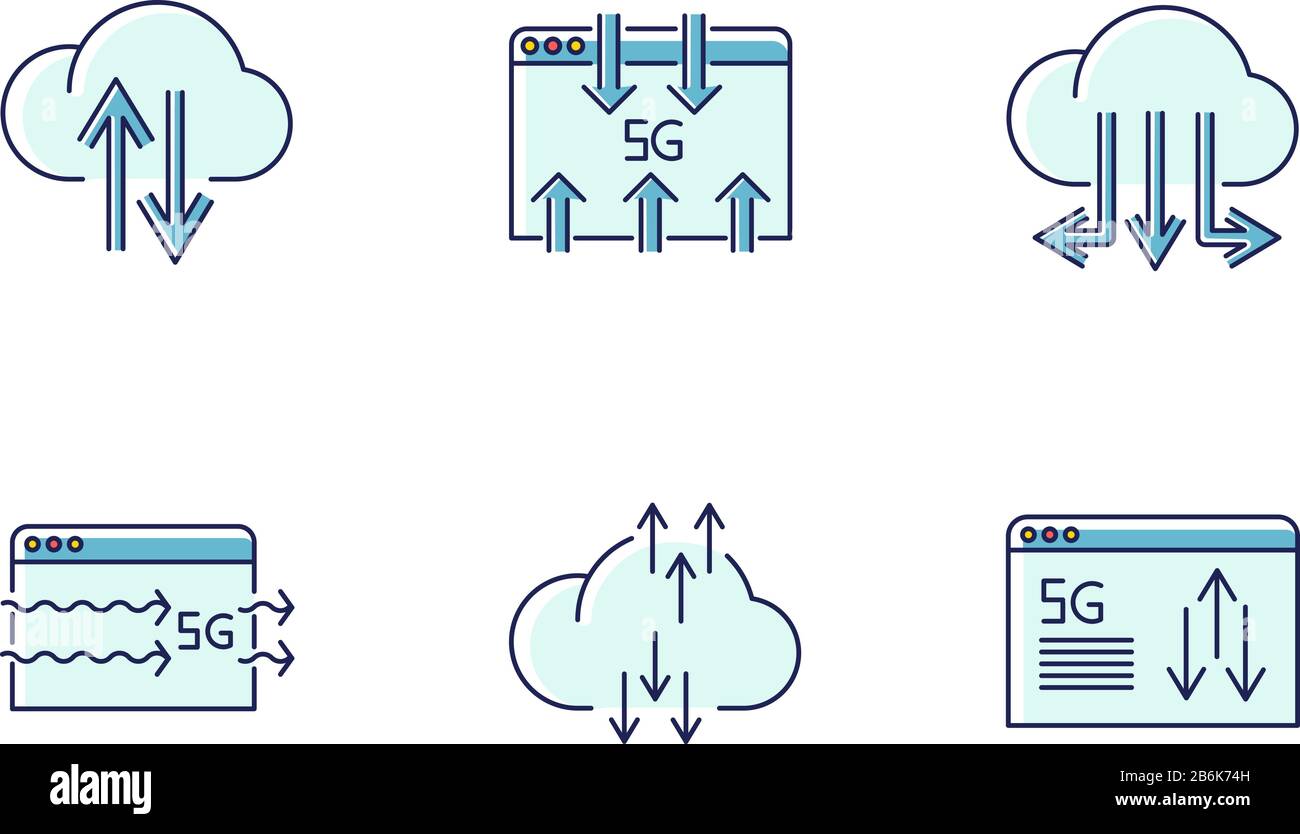 5G wireless technology RGB color icons set. Data transmission. Fast ...