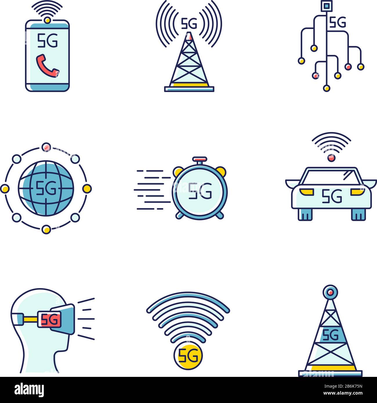 5G wireless technology RGB color icons set. Cell tower, improved phone ...