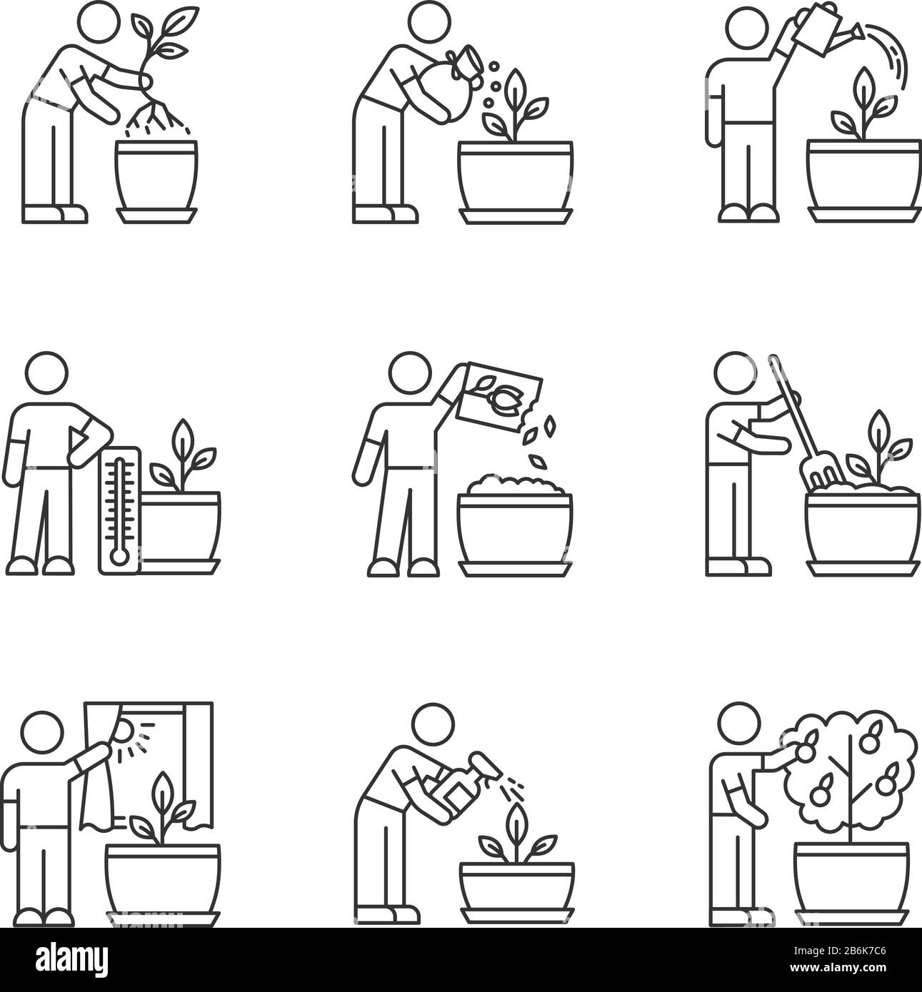 Indoor gardening stages pixel perfect linear icons set. Repotting ...