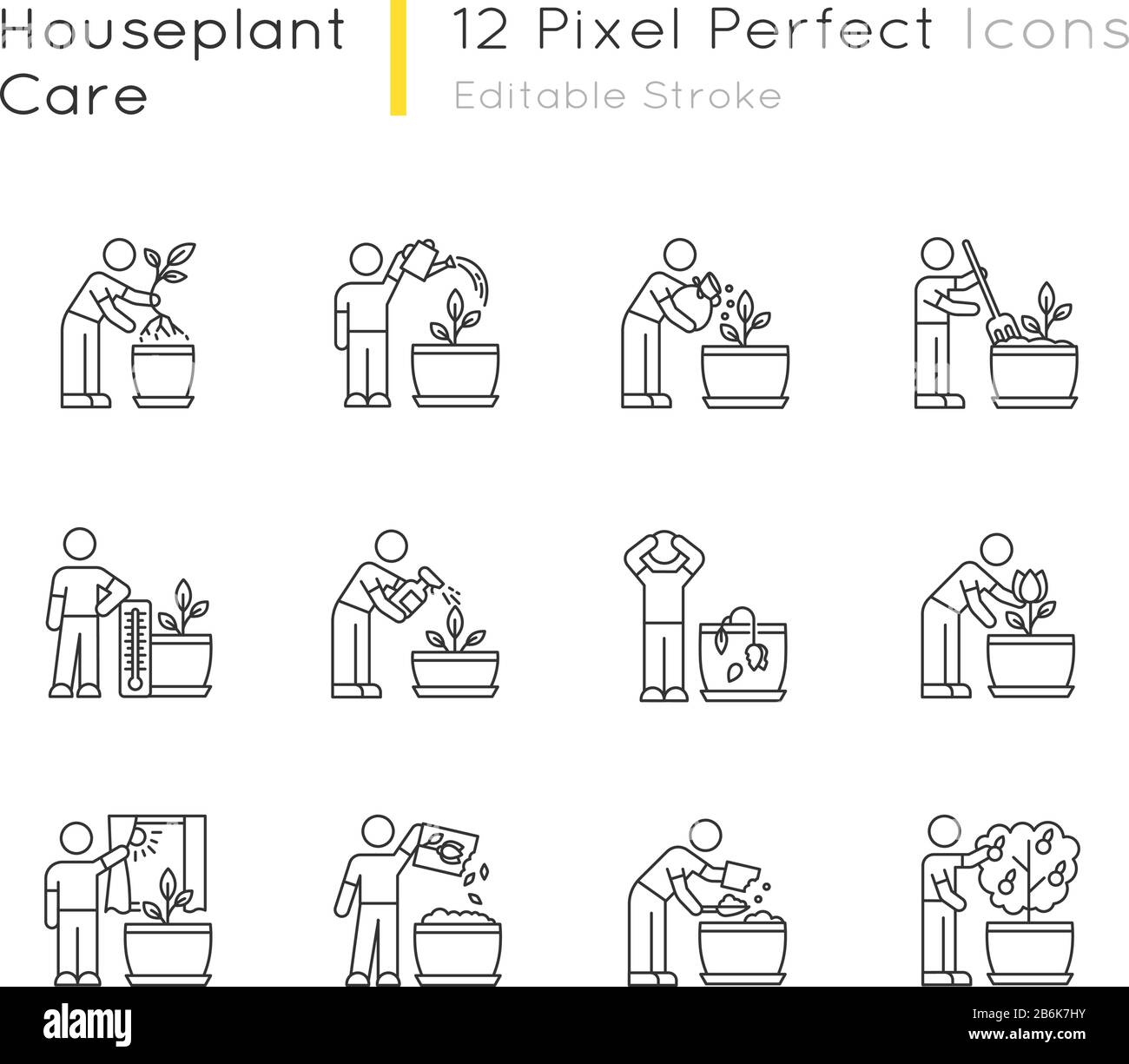 Houseplant care pixel perfect linear icons set. Repotting, fertilizing ...