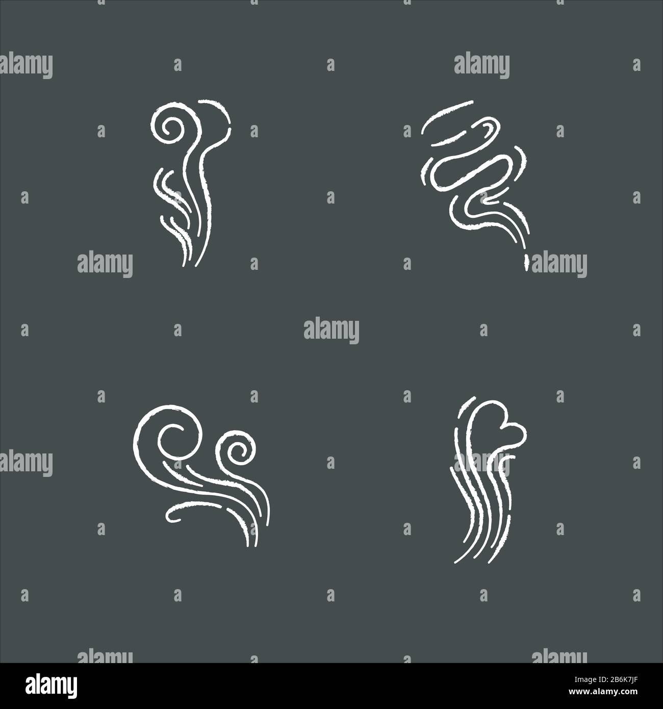 Odor chalk white icons set on black background. Good smell. Wind swirl ...
