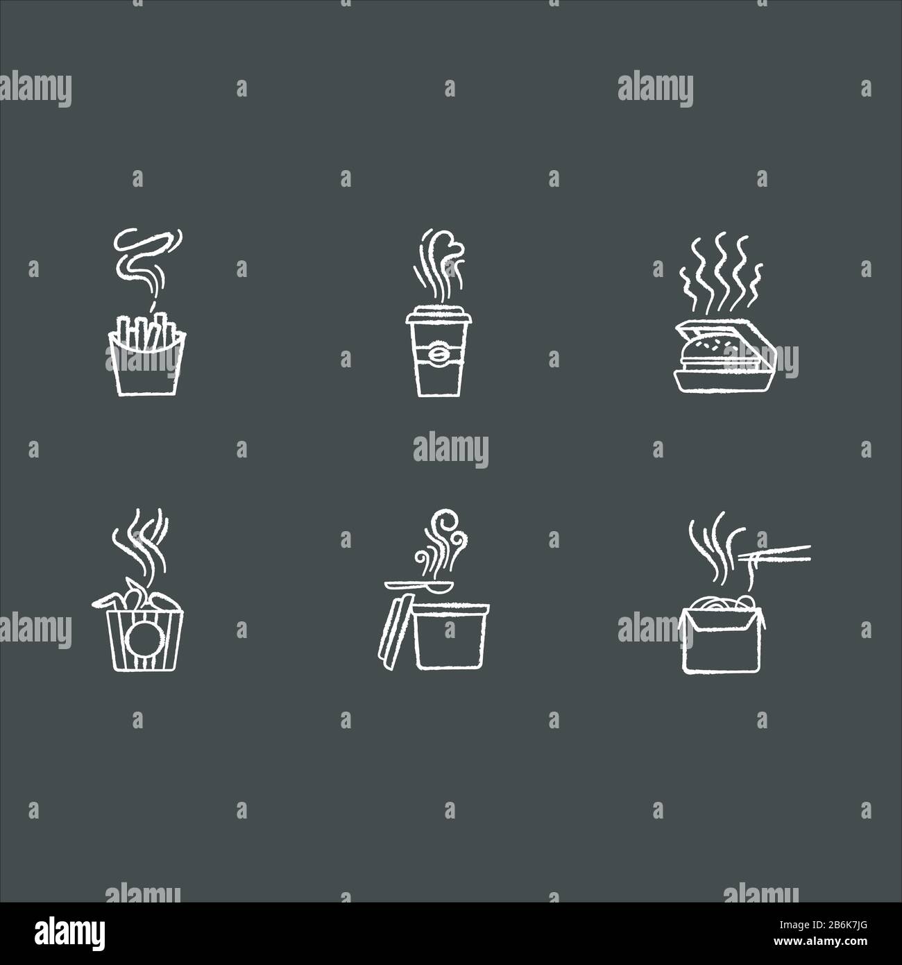 Hot food steam chalk white icons set on black background. Fastfood good ...
