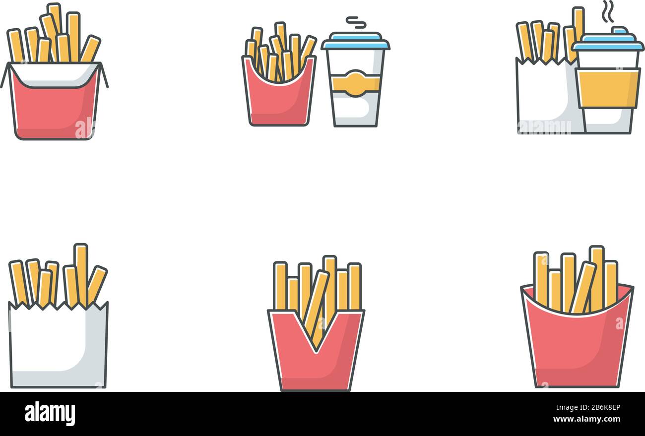 French fries RGB color icons set. Fast food cafe menu. Fried potato in ...