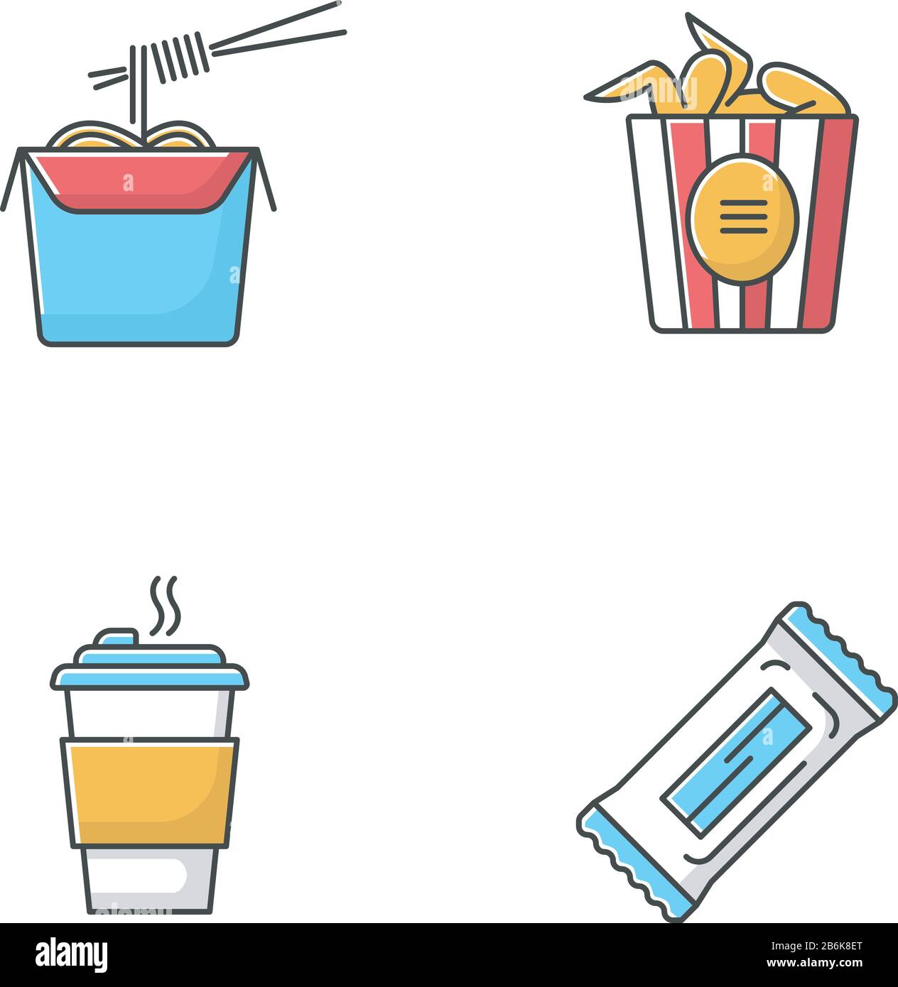 Takeaway food RGB color icons set. Bucket of chicken wings, chinese ...