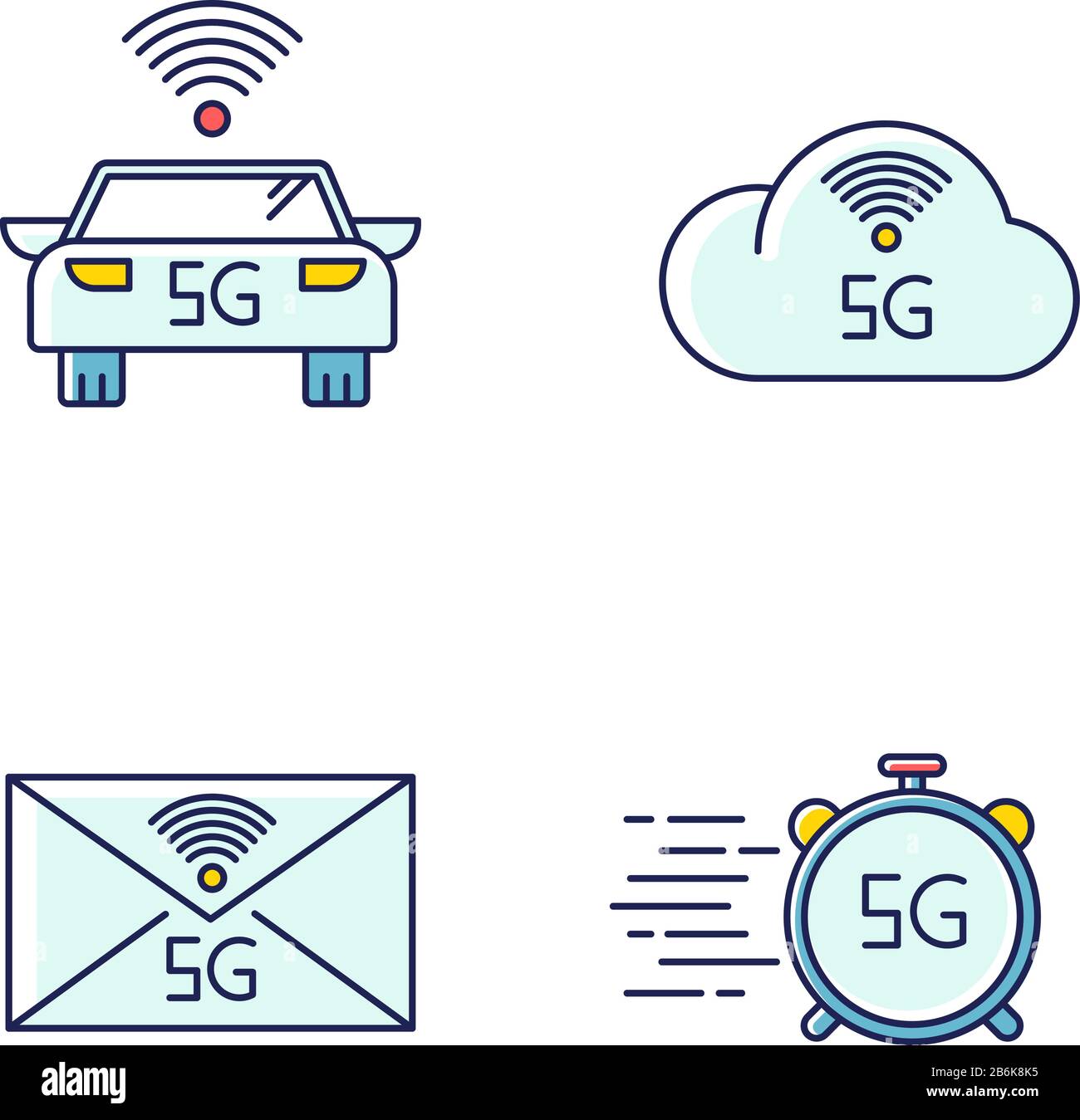 5G wireless technology RGB color icons set. Smart vehicle. Fast speed ...