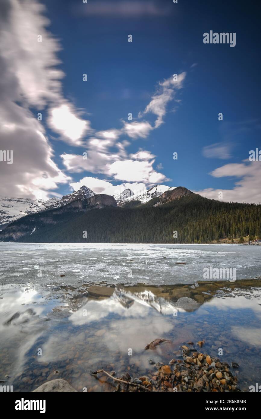 Mount fairview, partly frozen lake, Lake Louise Banff National Park ...