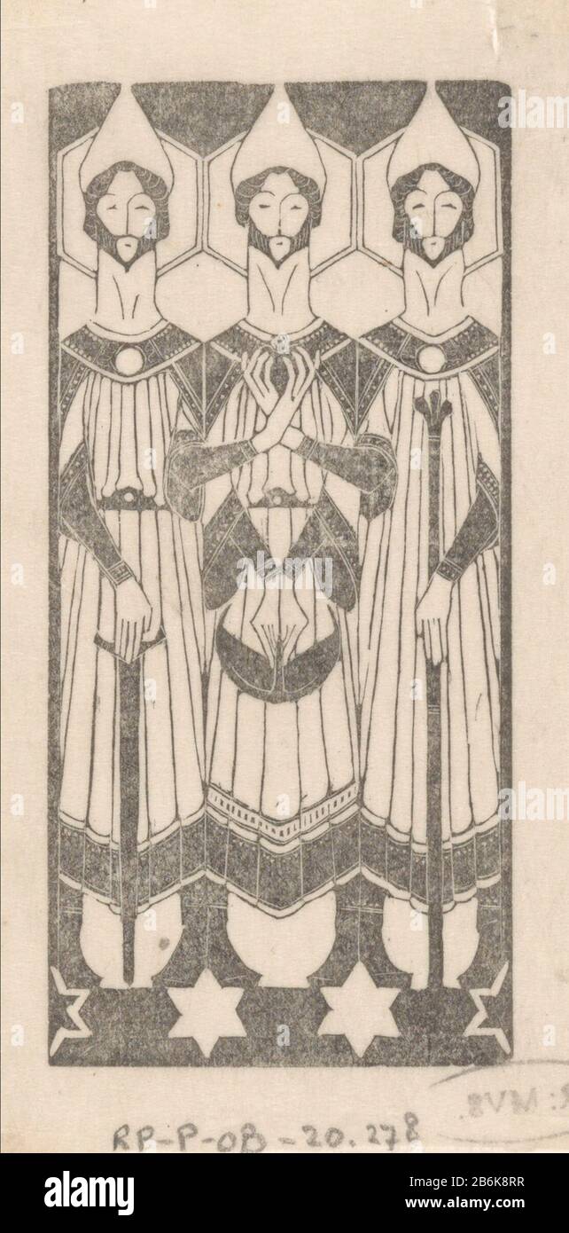 Three men Drie staande mannen met puntige hoeden, mogelijk de drie ...