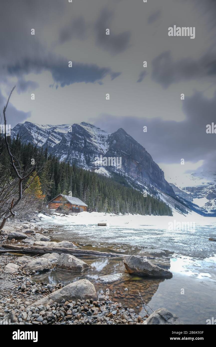 Mount fairview, partly frozen lake, Lake Louise Banff National Park ...