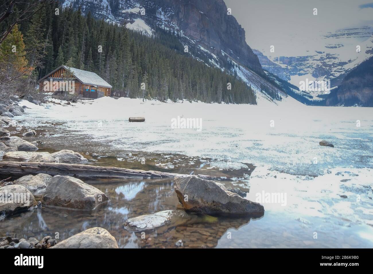 Mount fairview, partly frozen lake, Lake Louise Banff National Park ...