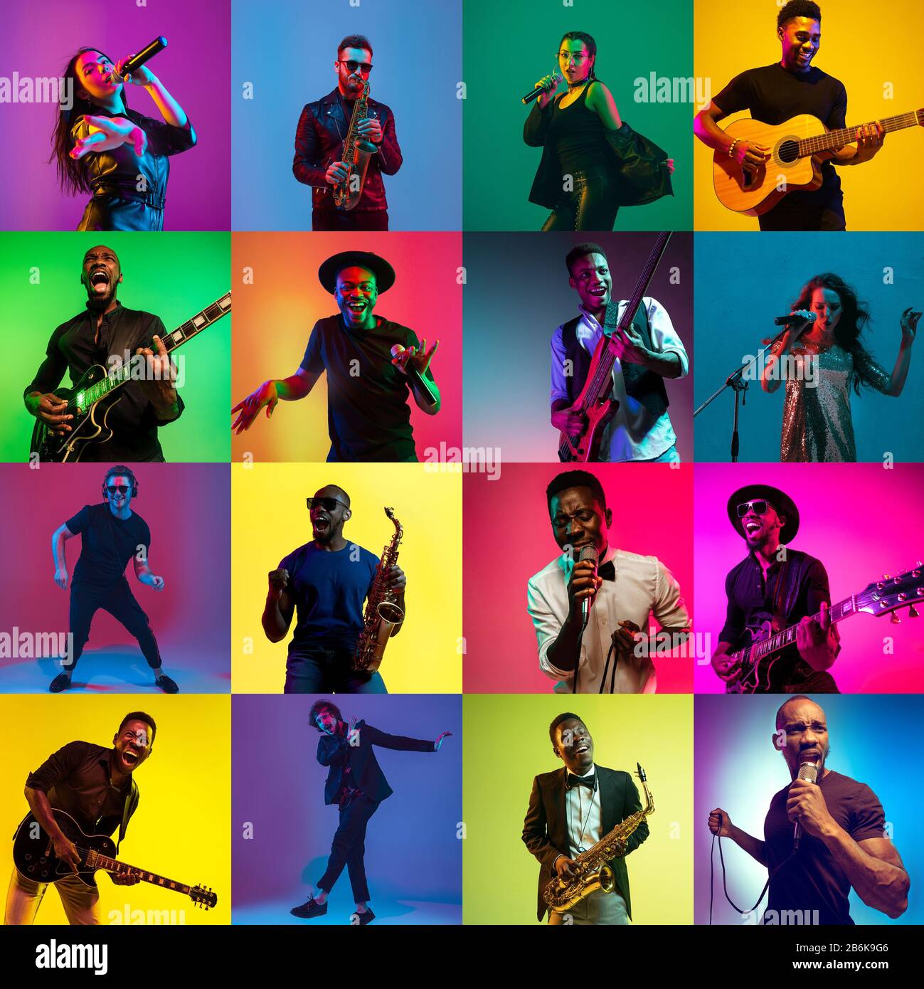 Collage of portraits of young 11 emotional talented musicians on ...