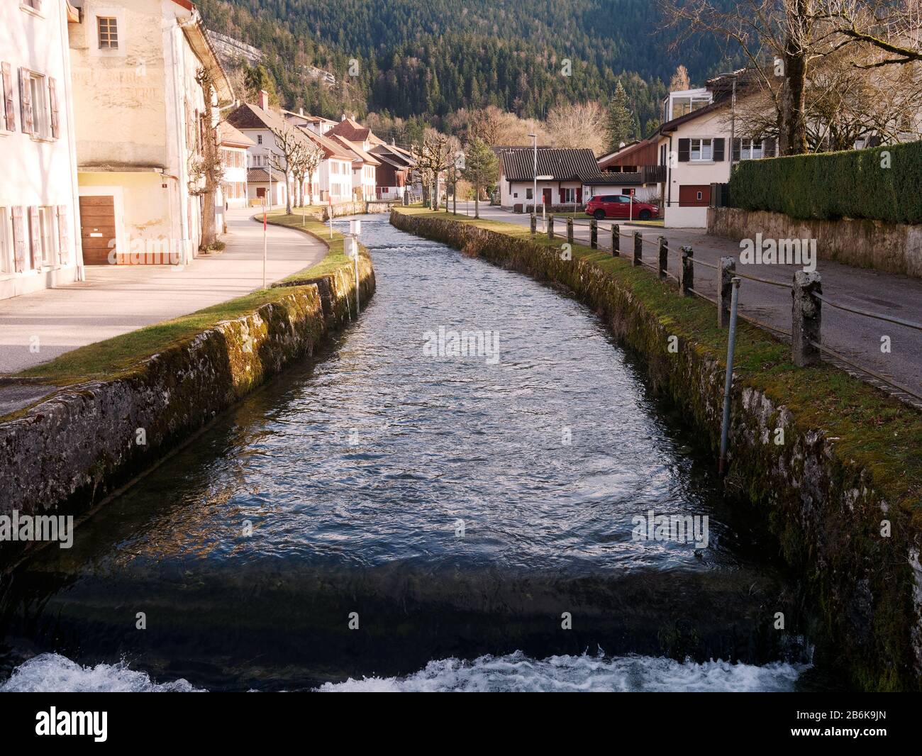 Beautiful river in the village of Môtiers in Val-de-Travers ...