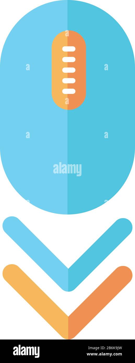 Scroll down mouse flat design cartoon RGB color icon. Internet page browsing double arrow ...