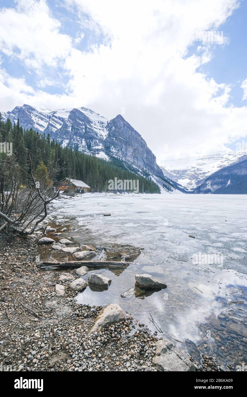 Mount fairview, partly frozen lake, Lake Louise Banff National Park ...