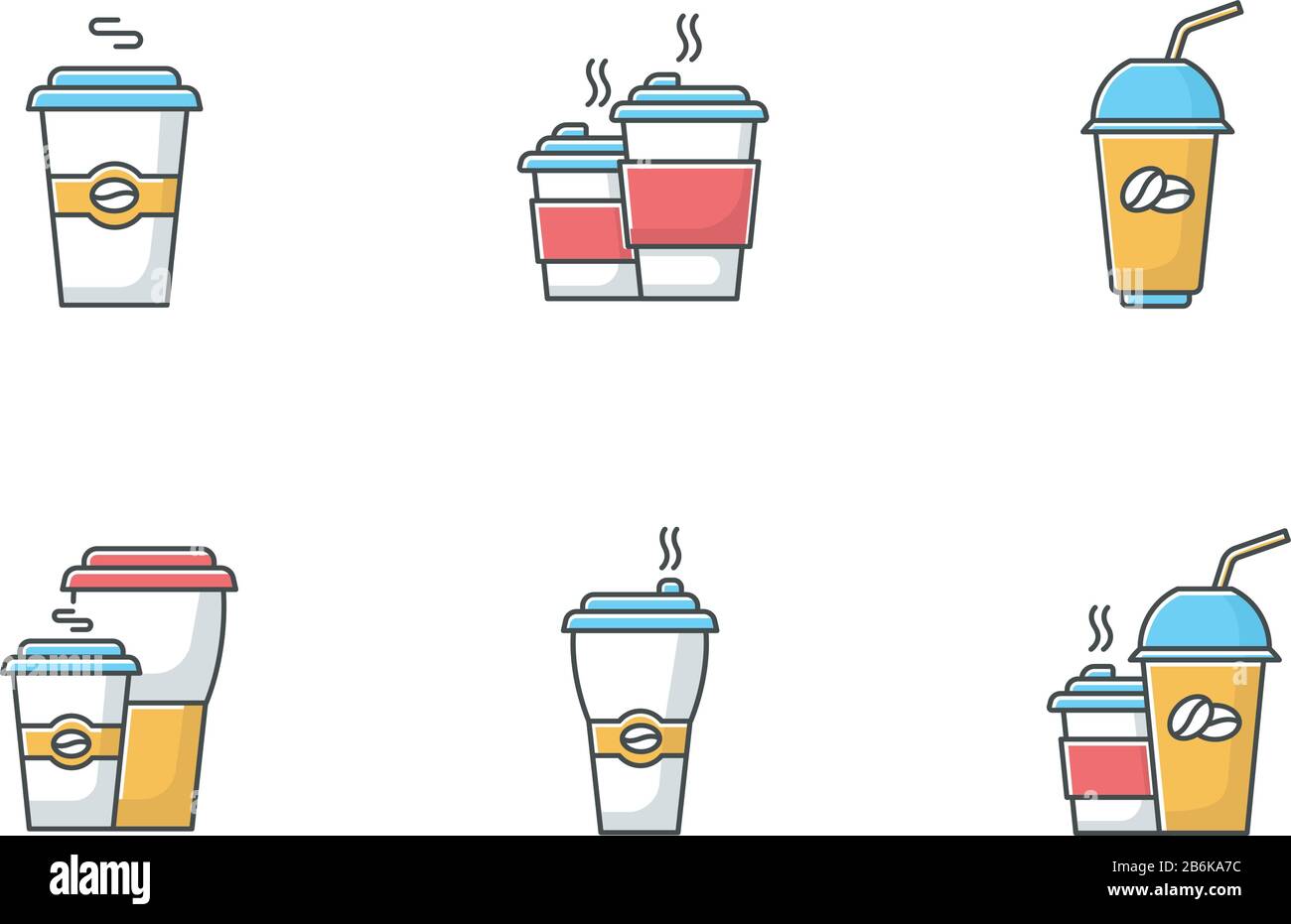 Coffee to go RGB color icons set. Disposable plastic cups with caffeine ...
