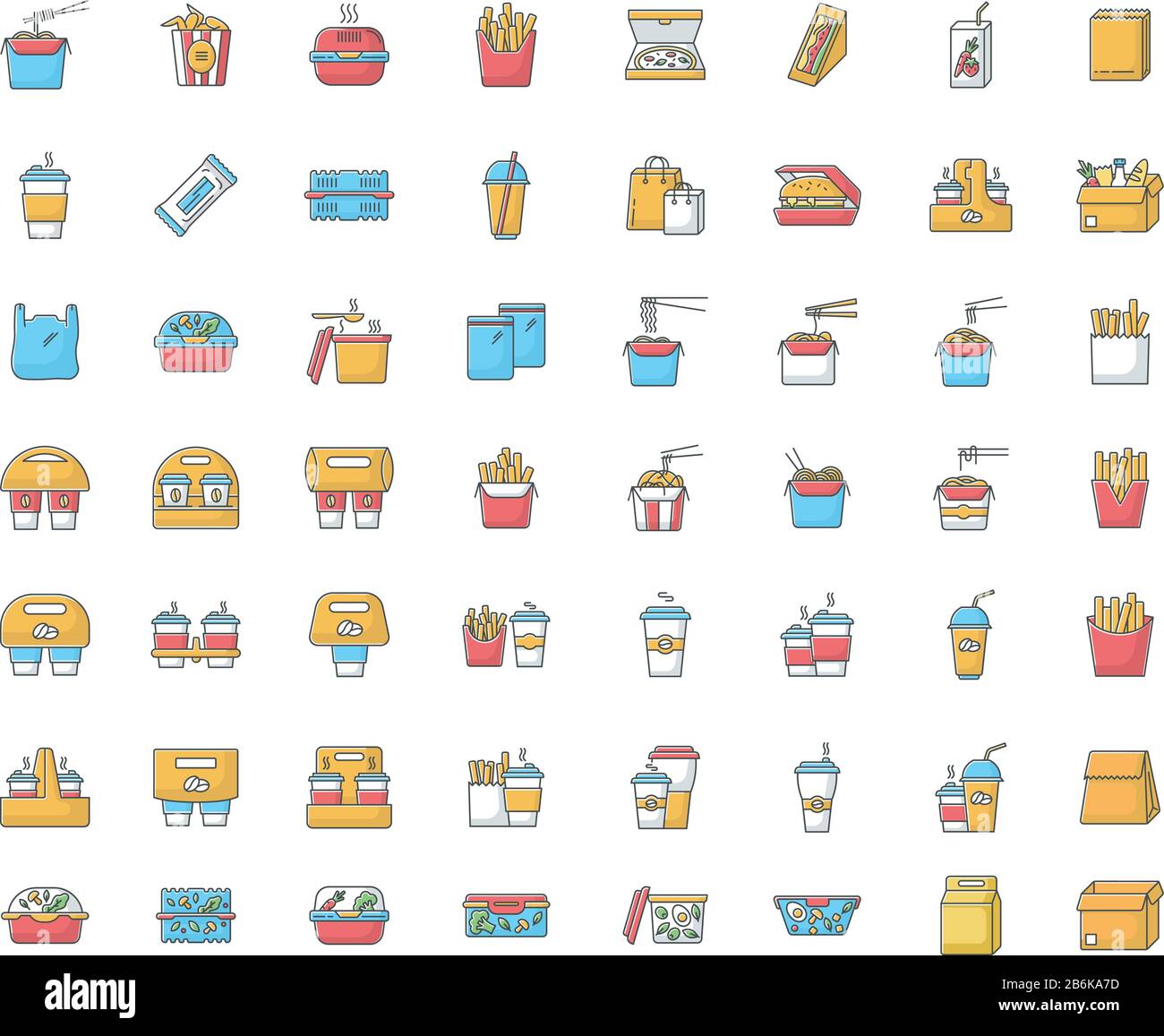 Takeaway meal RGB color big icons set. Coffee to go, containers for ...